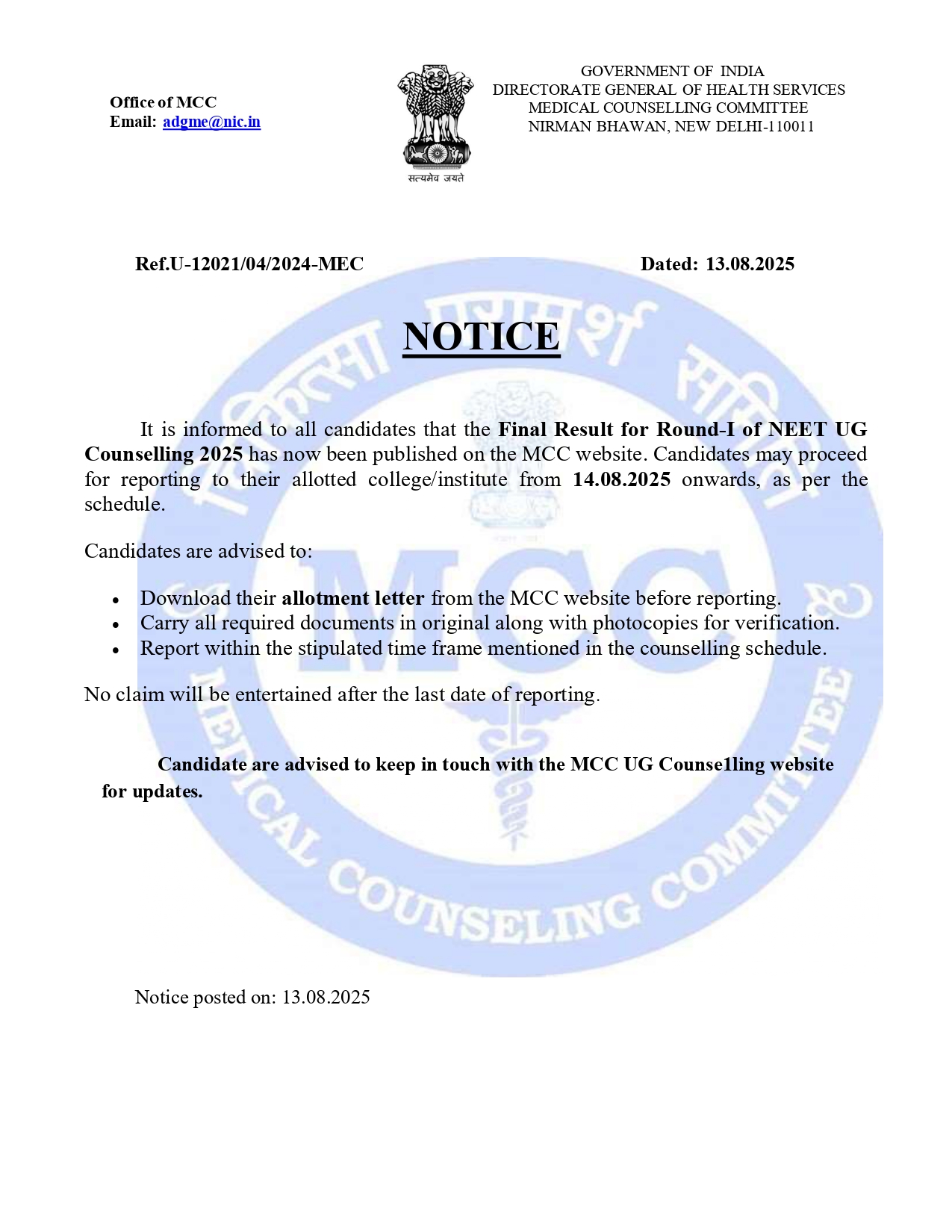 NEET UG 2025 MCC Round 1 Final Result Out & College Reporting by 14 Aug